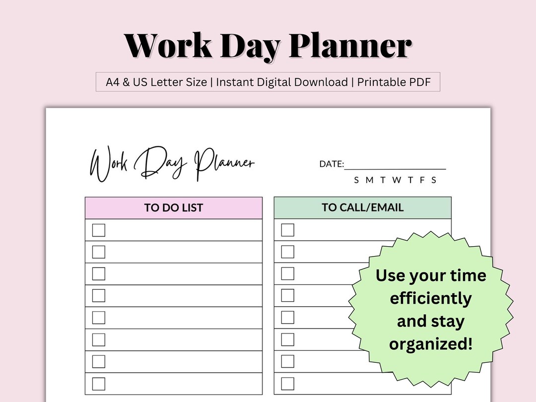 Work Planner Printable, Work Day Organizer, Daily Productivity Planner ...
