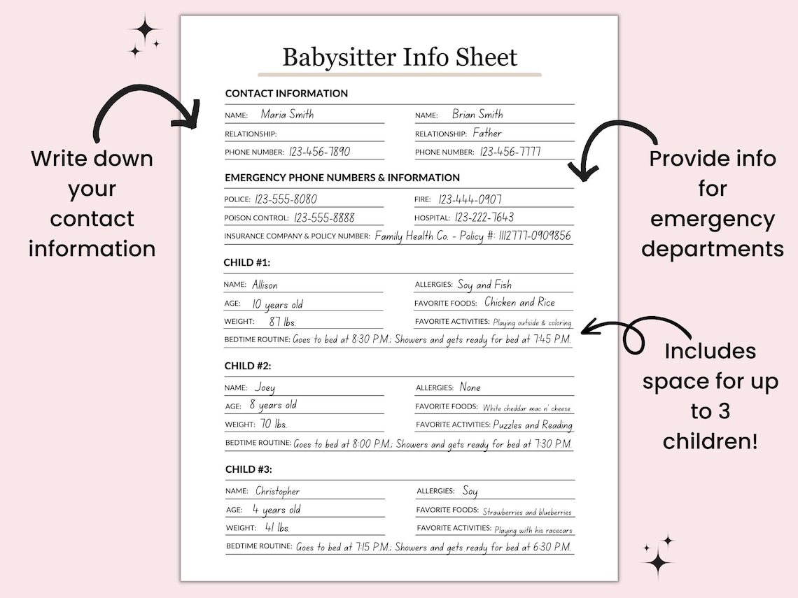 Babysitter Information Sheet, Child Info Sheet, Emergency Contact ...