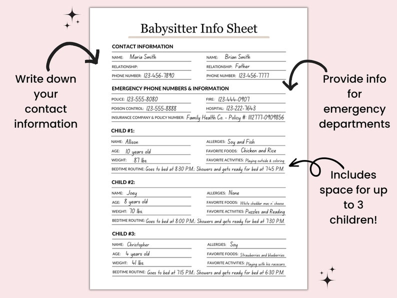 Babysitter Information Sheet, Child Info Sheet, Emergency Contact ...