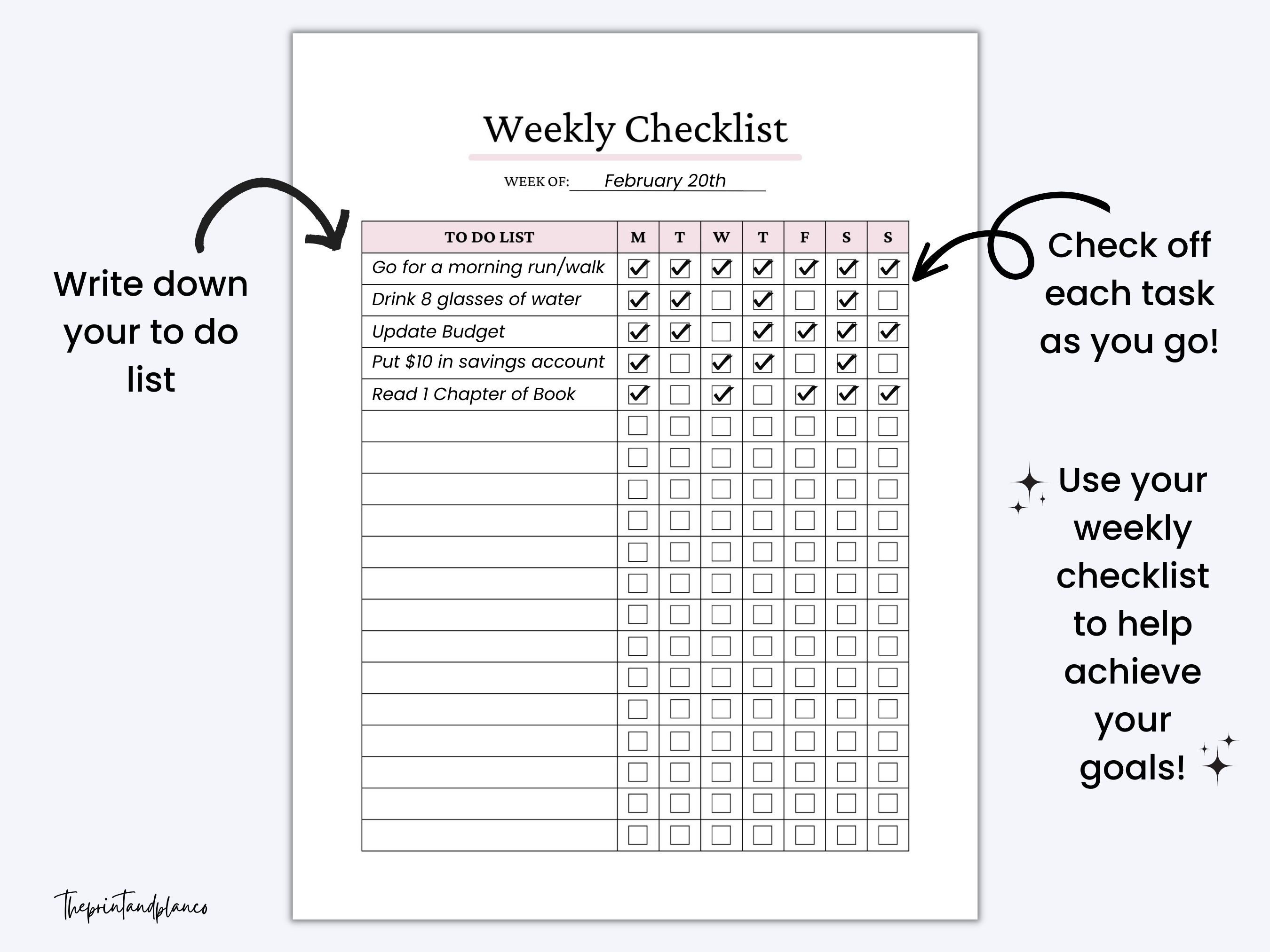 Weekly Checklist, Weekly Checklist Printable, Weekly Planner, to Do ...