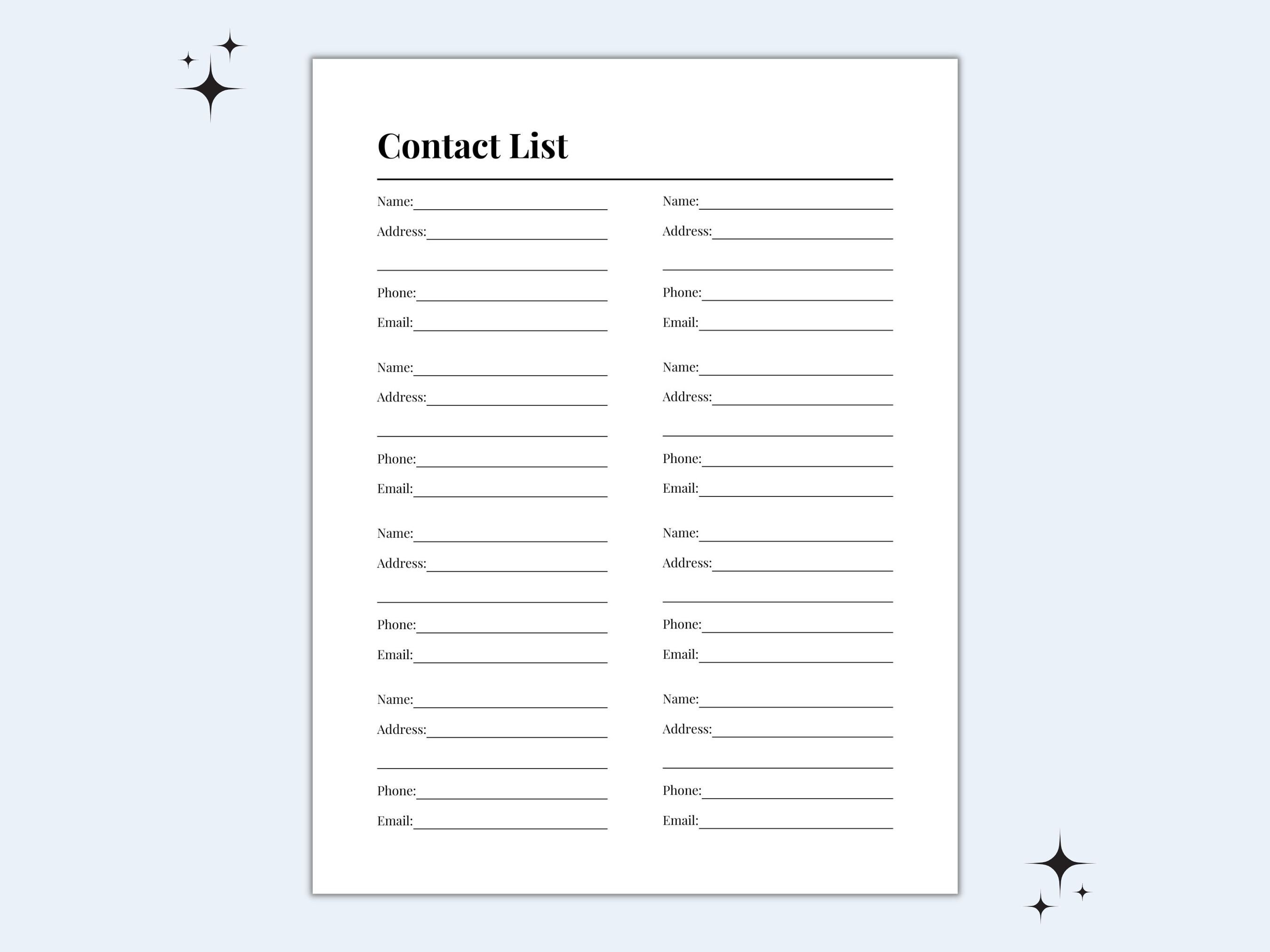 Contact List Printable, Contact Information Template, Address Book ...