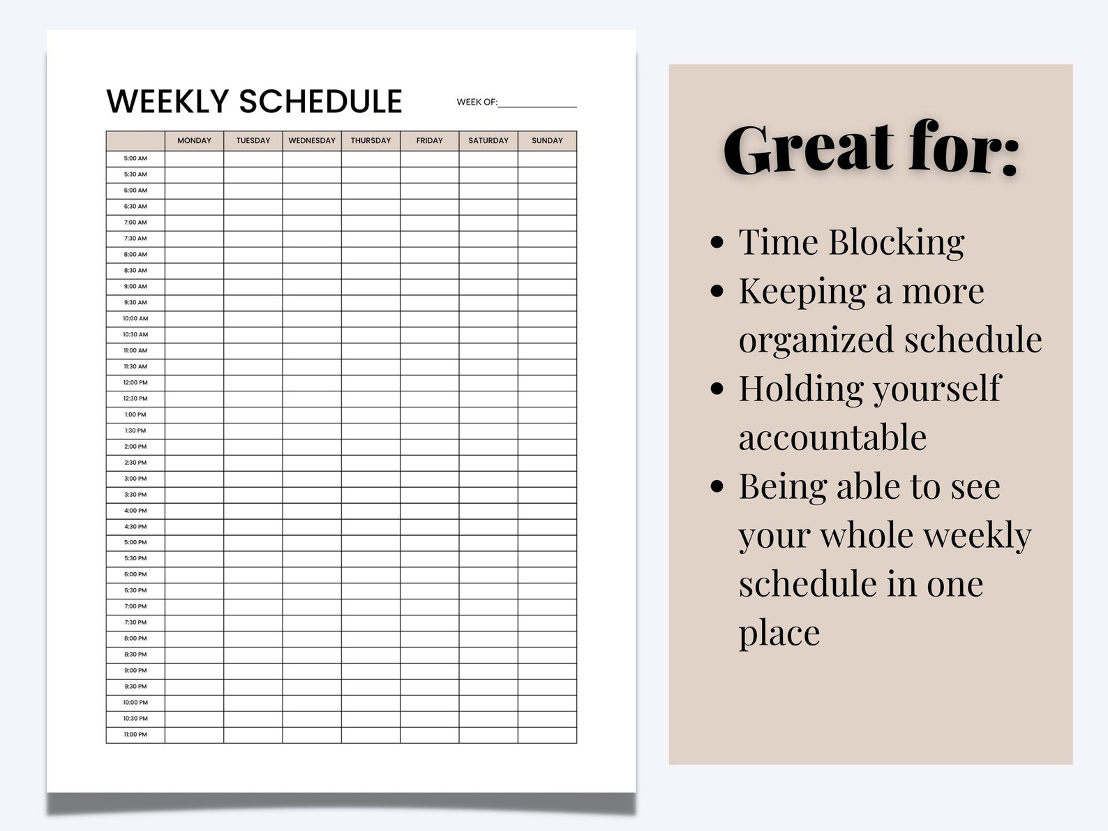 Weekly Schedule, Half Hour Weekly Planner, Hour by Hour Planner, Block ...