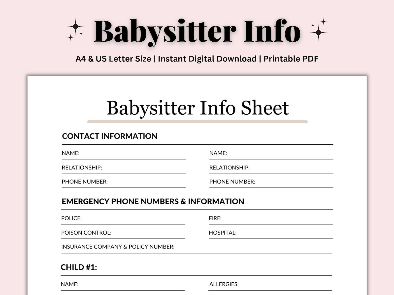 Babysitter Information Sheet, Child Info Sheet, Emergency Contact ...