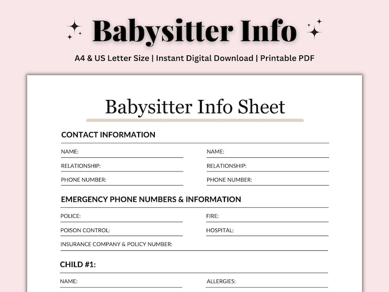 Babysitter Information Sheet, Child Info Sheet, Emergency Contact ...