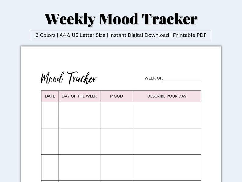 Printable Mood Tracker, Mood Tracker Template, Mood Habit Tracker, Mood Journal, Weekly Mood ...