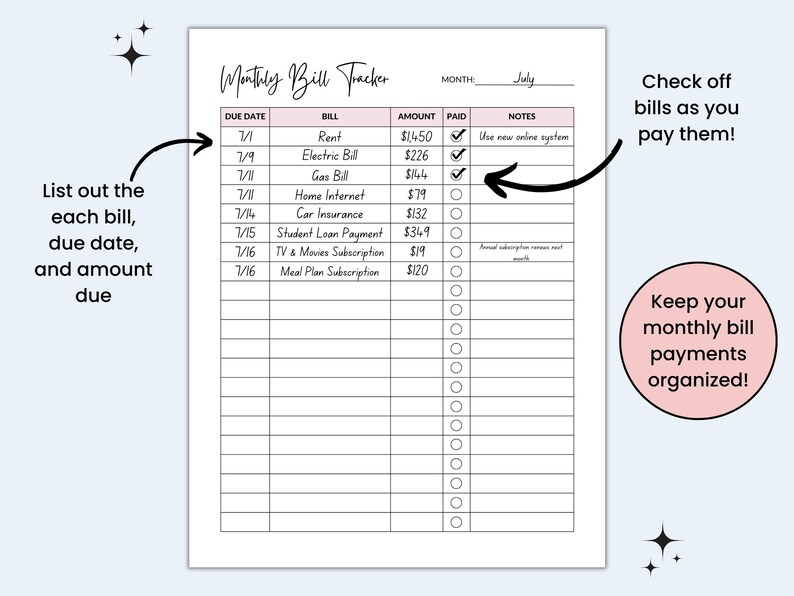 Monthly Bill Tracker, Bill Payment Tracker Printable, Bill Management ...