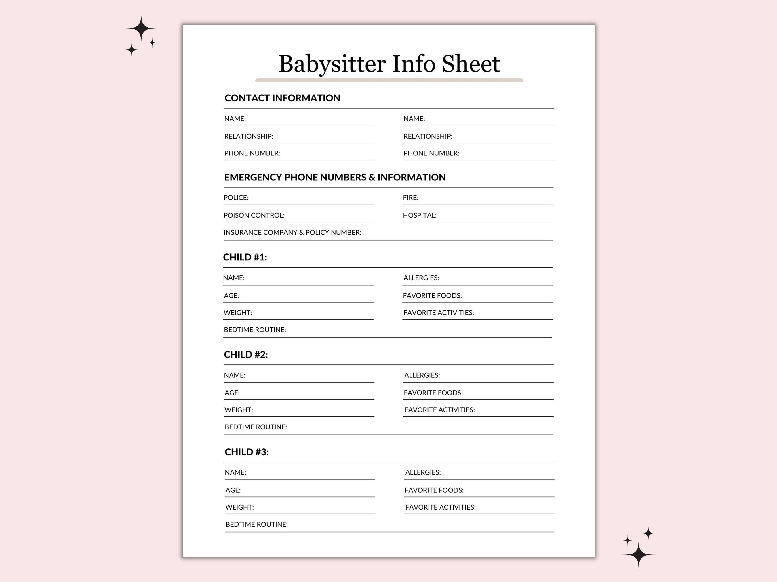Babysitter Information Sheet, Child Info Sheet, Emergency Contact ...