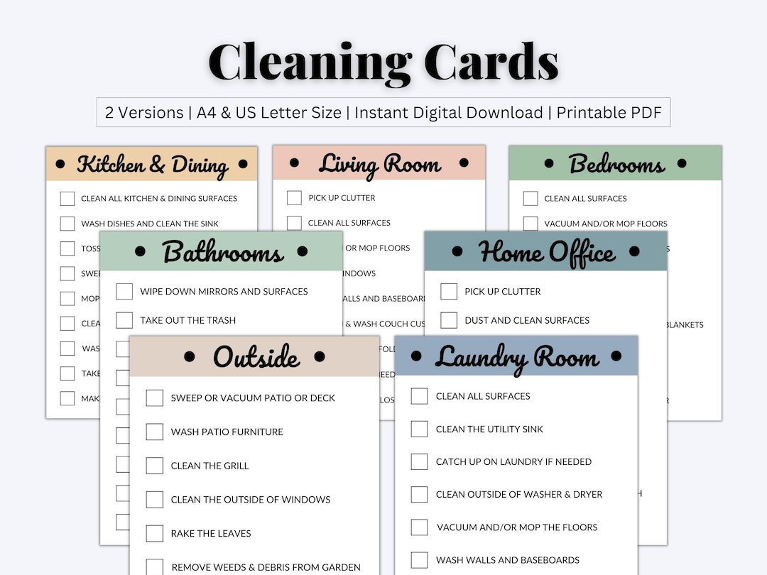 Printable Cleaning Cards, Room by Room Cleaning Cards, Family Chore ...