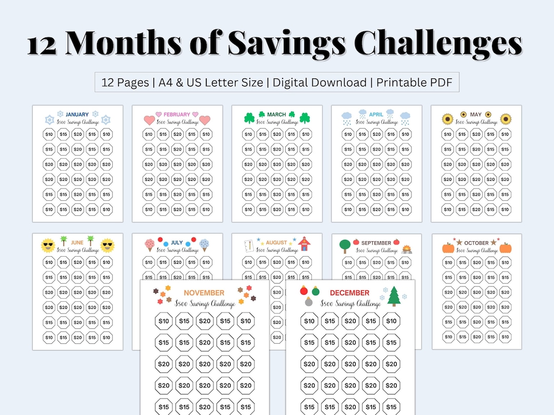 12 Months Savings Challenge Bundle, Savings Tracker Printable, Yearly ...