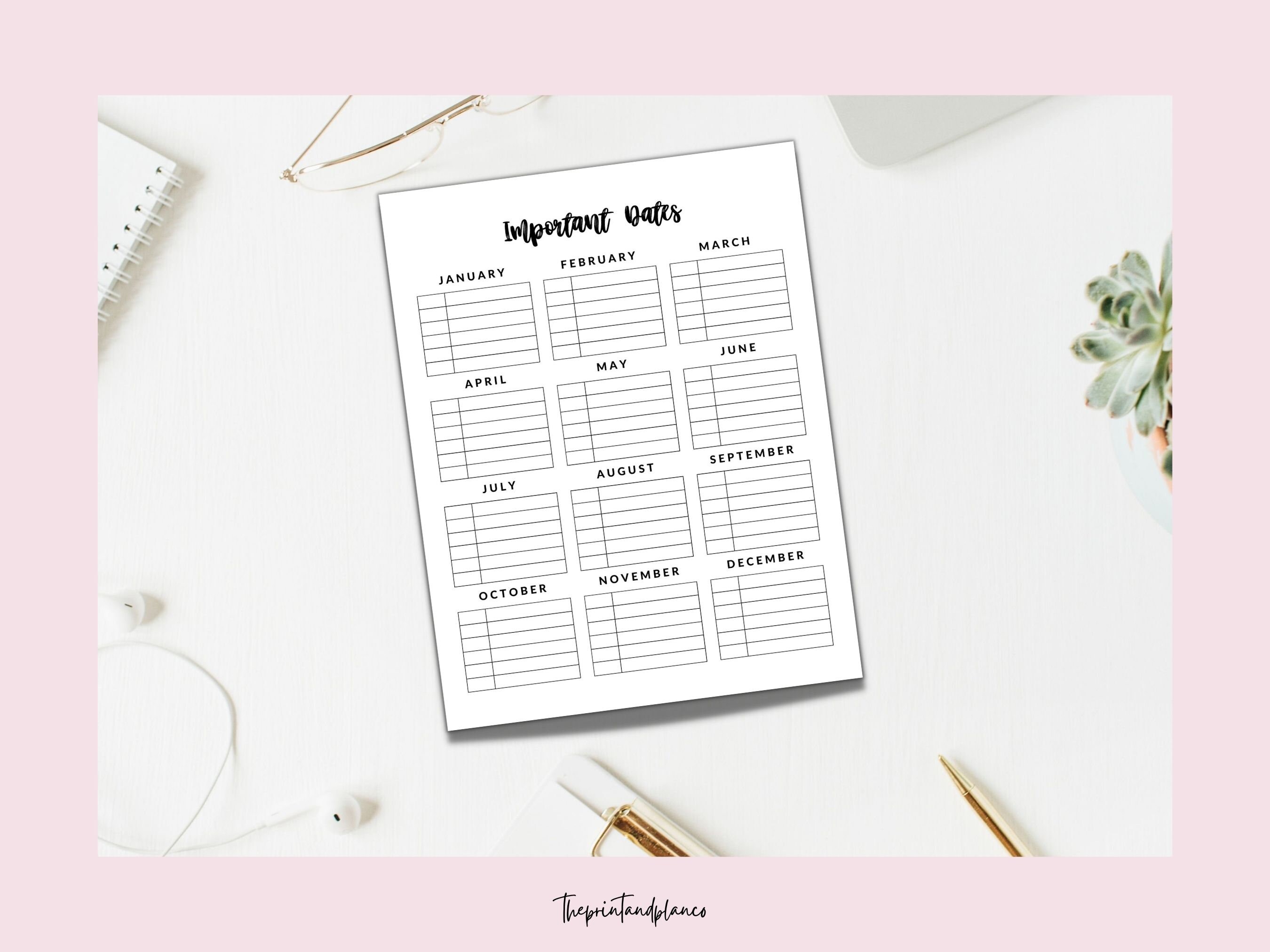 Important Dates Printable, Important Dates Tracker, Monthly Planner ...