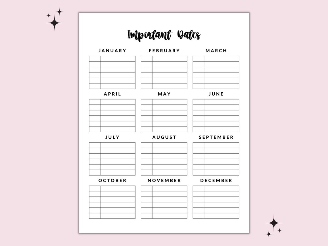 Important Dates Printable, Important Dates Tracker, Monthly Planner ...
