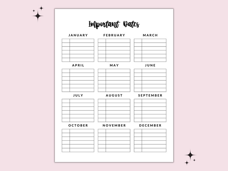 Important Dates Printable, Important Dates Tracker, Monthly Planner ...