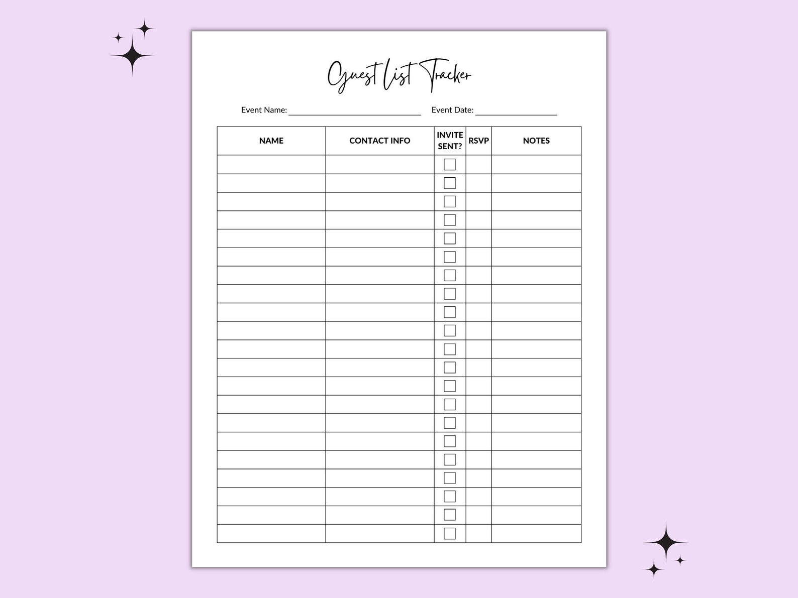 Guest List Tracker, Printable Guest List Template, Wedding Guest List ...