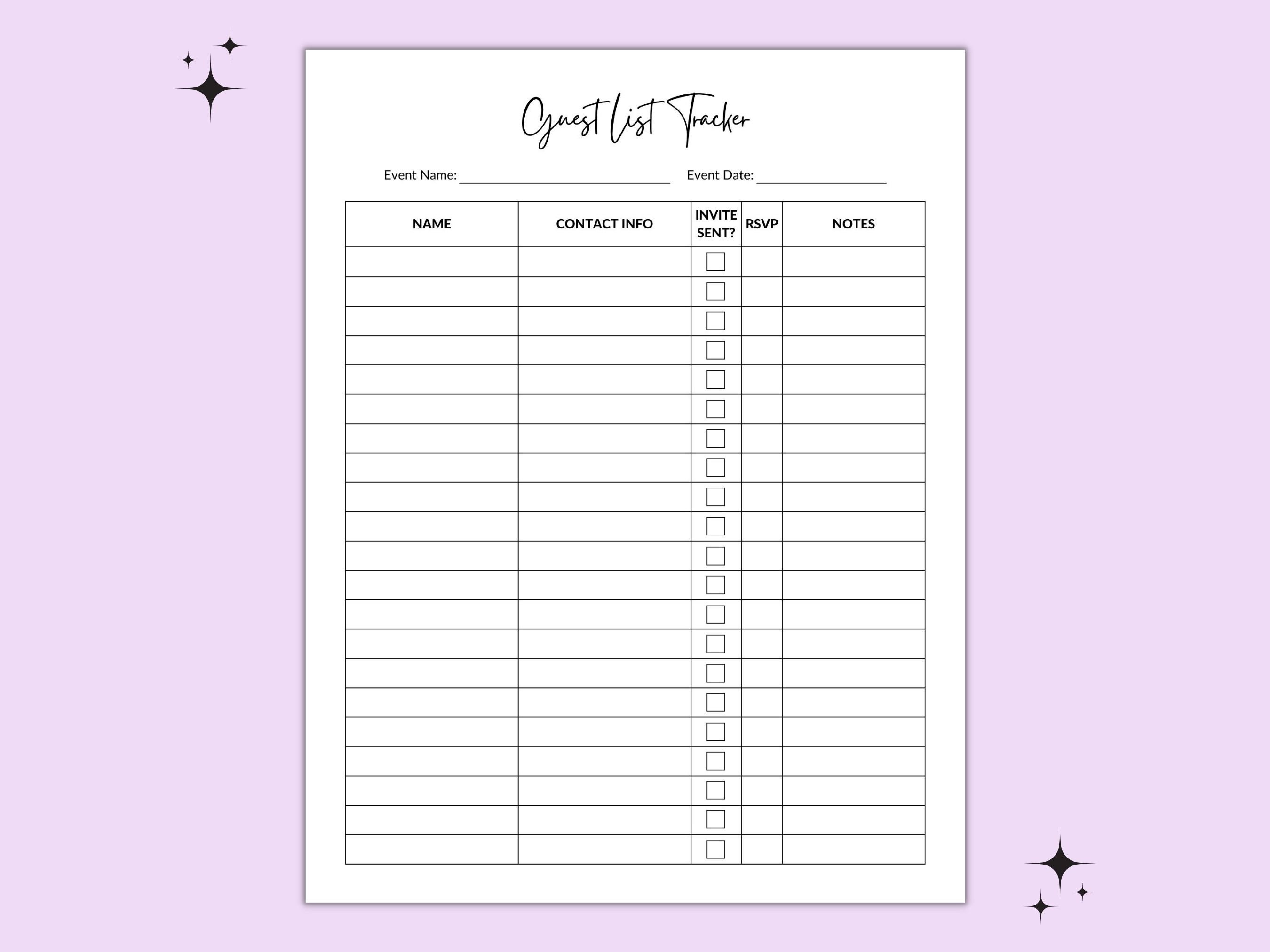 Guest List Tracker, Printable Guest List Template, Wedding Guest List ...