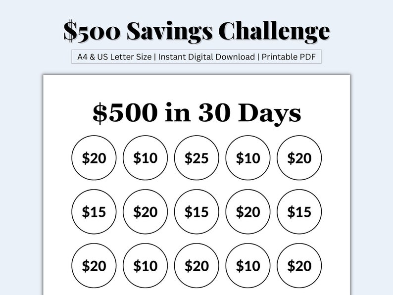 500 Savings Challenge, 500 in a Month, Savings Tracker Printable, 500 ...
