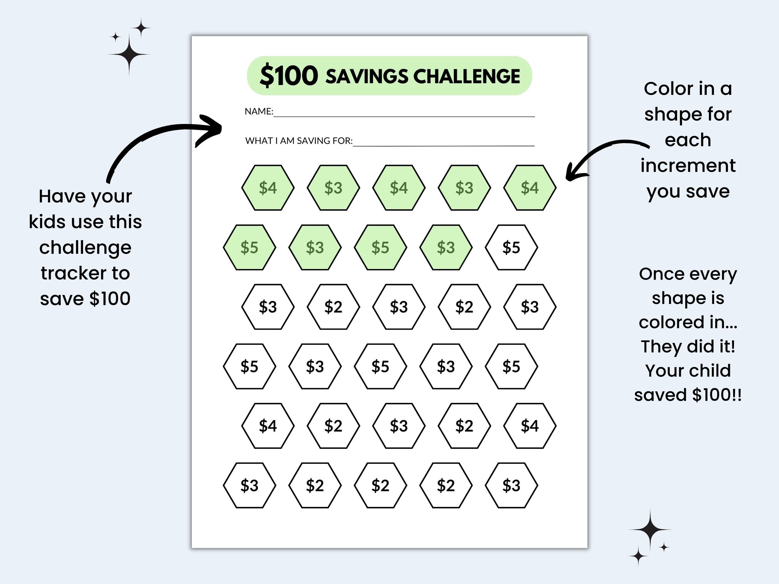 100 Dollar Savings Challenge, Kids Savings Tracker, Easy Savings ...