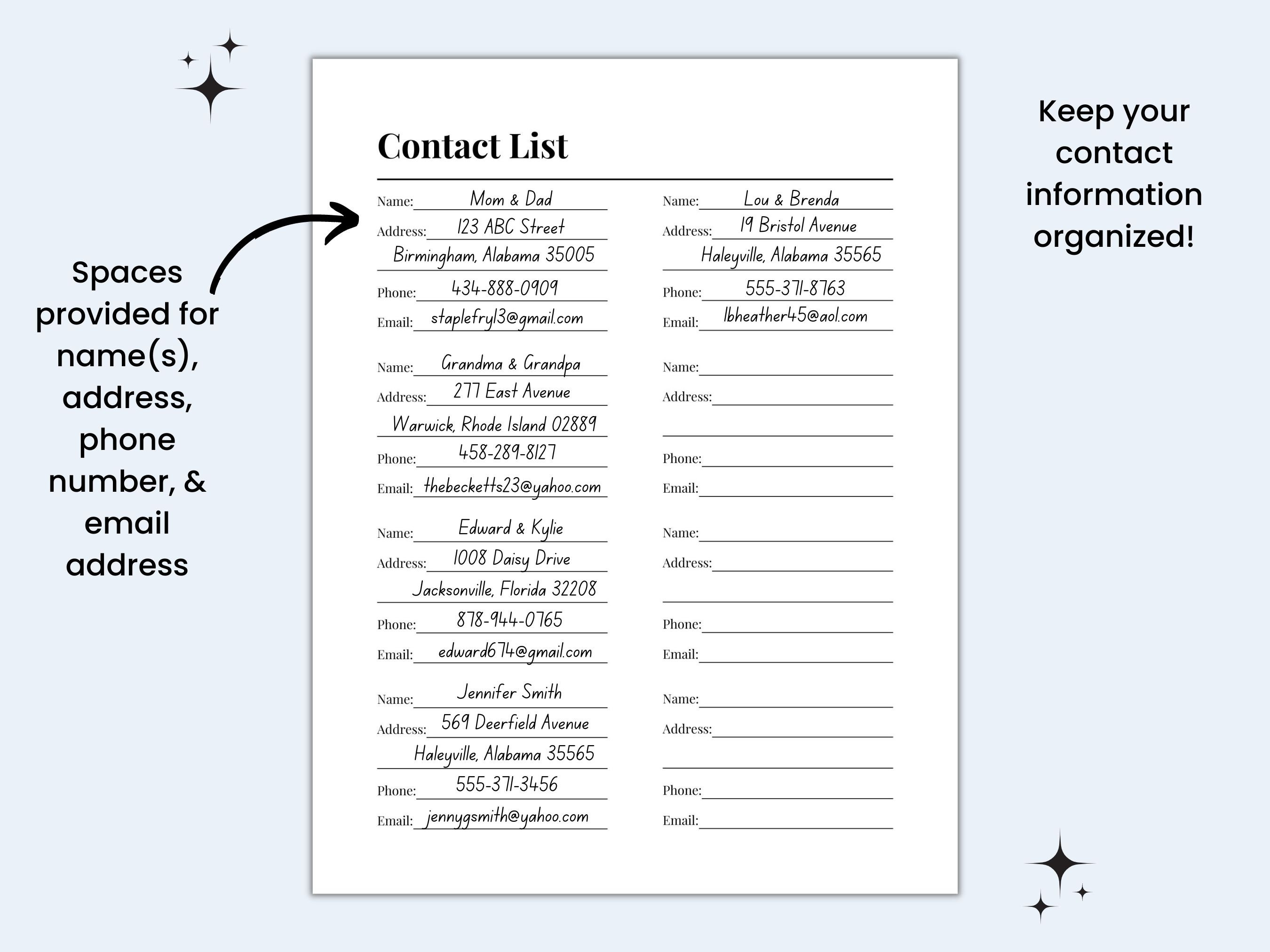Contact List Printable, Contact Information Template, Address Book ...