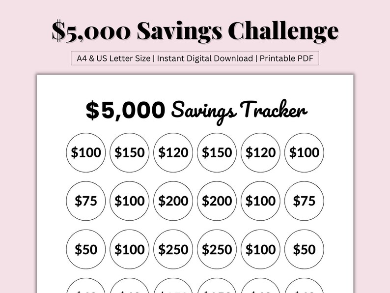 5000 Savings Challenge, 5k Savings Tracker, 5,000 Savings Tracker ...