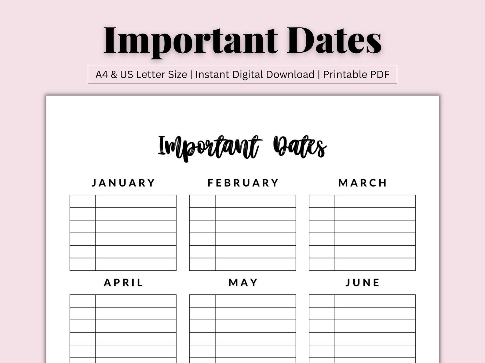 Important Dates Printable, Important Dates Tracker, Monthly Planner ...
