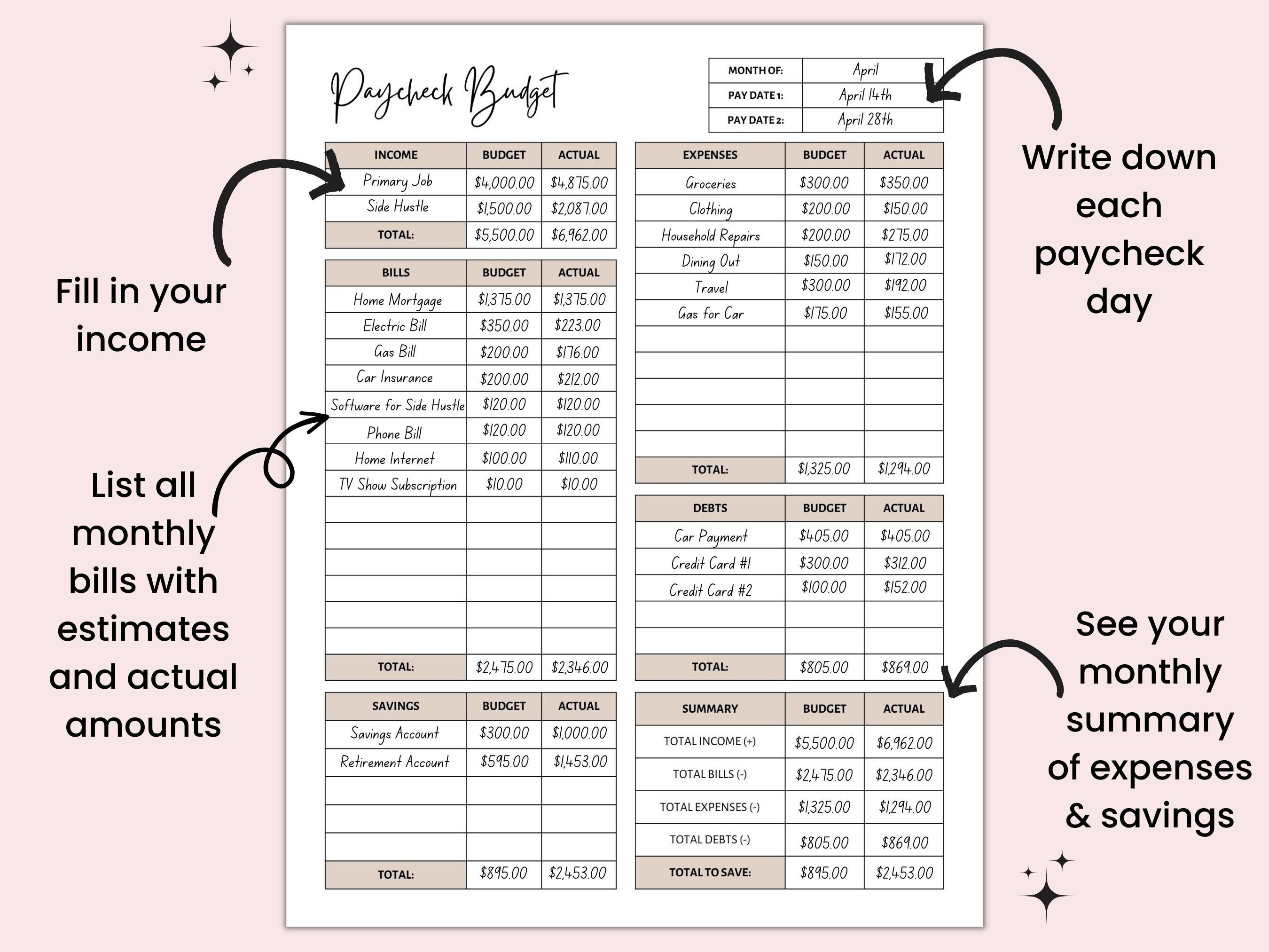 Paycheck Budget Printable Template, Weekly Budget, Budget Sheet, Budget ...