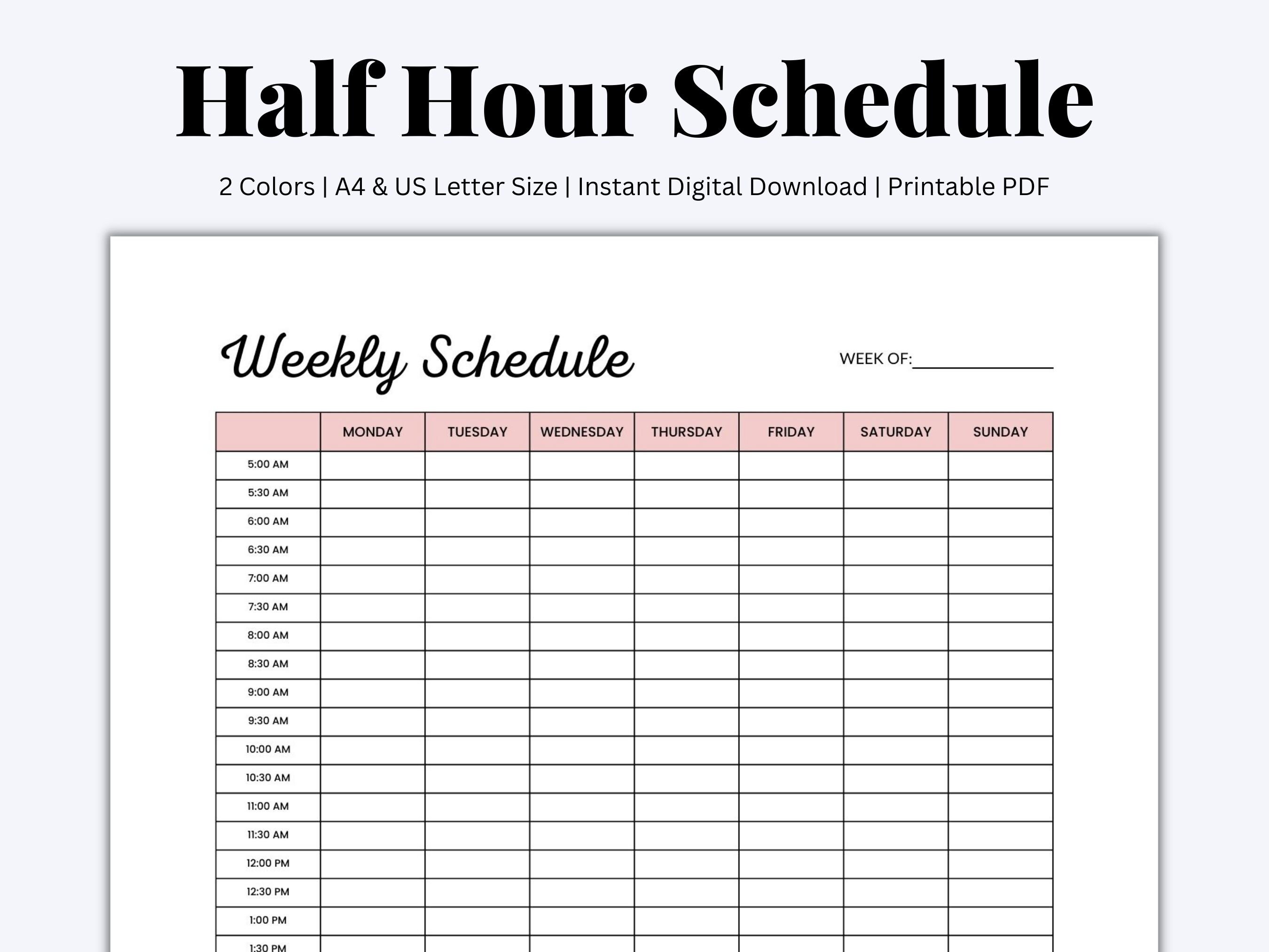 Weekly Schedule, Half Hour Weekly Planner, Hour by Hour Planner, Block ...
