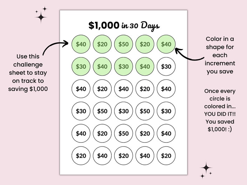 1000 Savings Challenge Printable, 1000 Dollars in 30 Days, Money ...