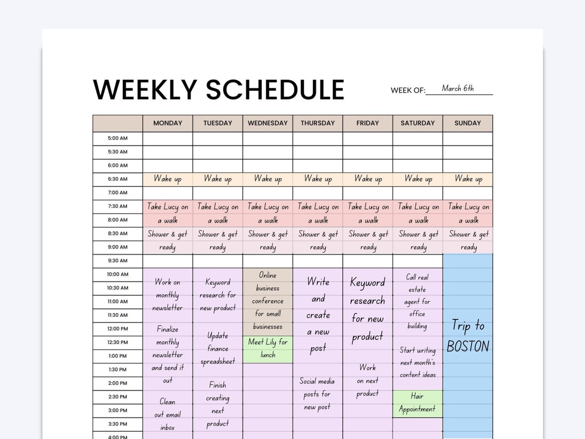 Weekly Schedule, Half Hour Weekly Planner, Hour by Hour Planner, Block ...