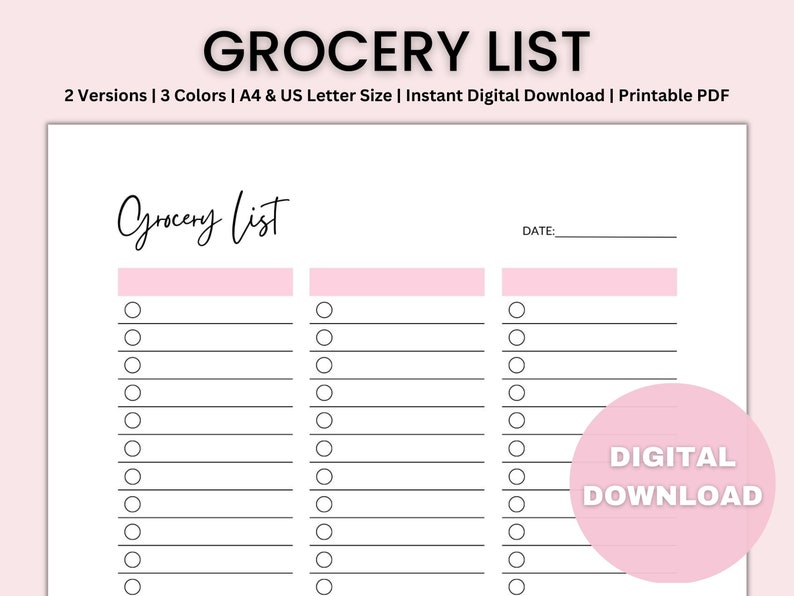 Grocery List, Shopping List, Simple Grocery List, Printable Grocery ...