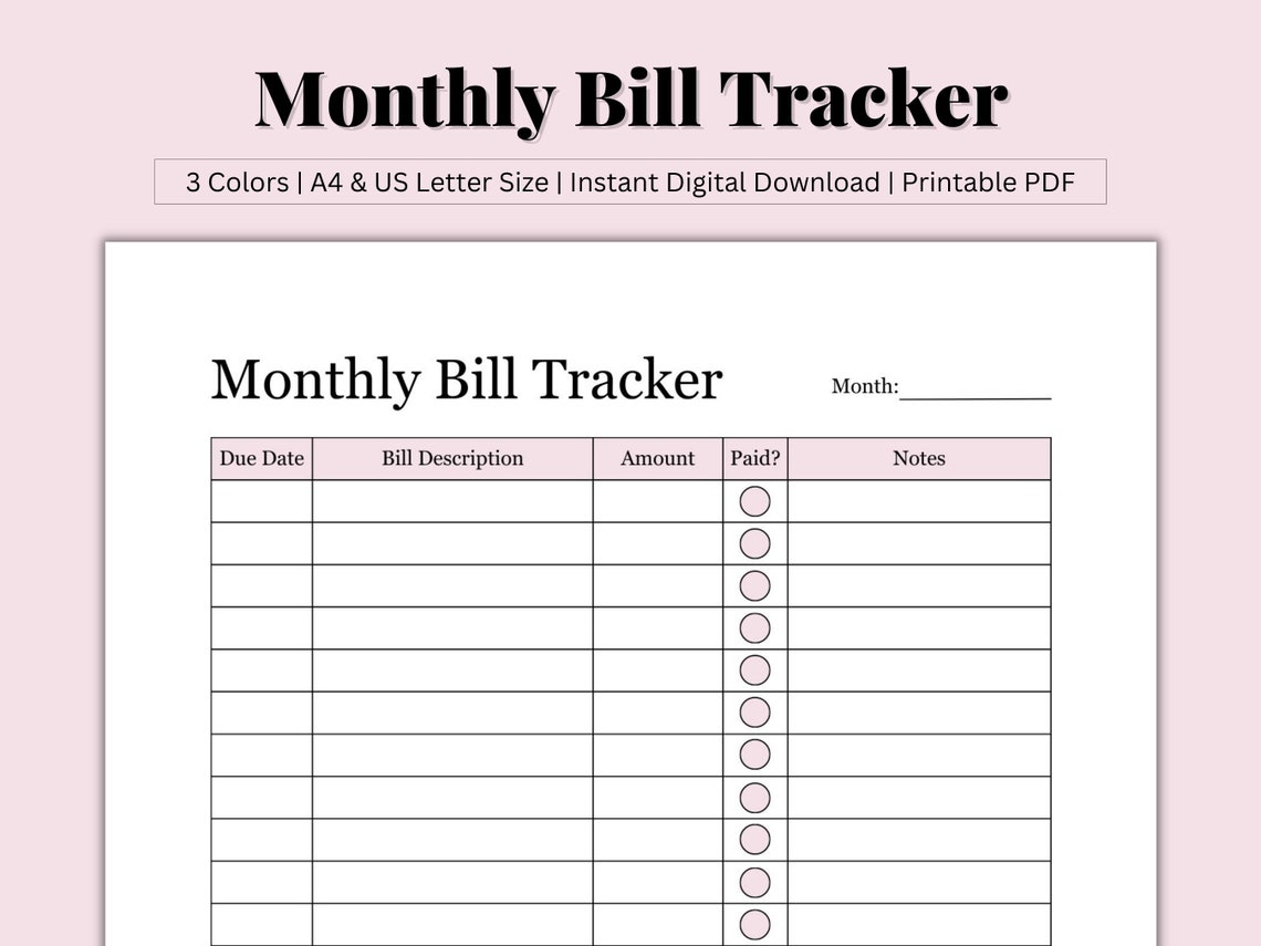 Bill Tracker Printable, Bill Organizer, Bill Template, Monthly Budget ...