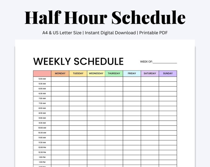 Weekly Schedule, Half Hour Weekly Planner, Hour by Hour Planner, Block ...