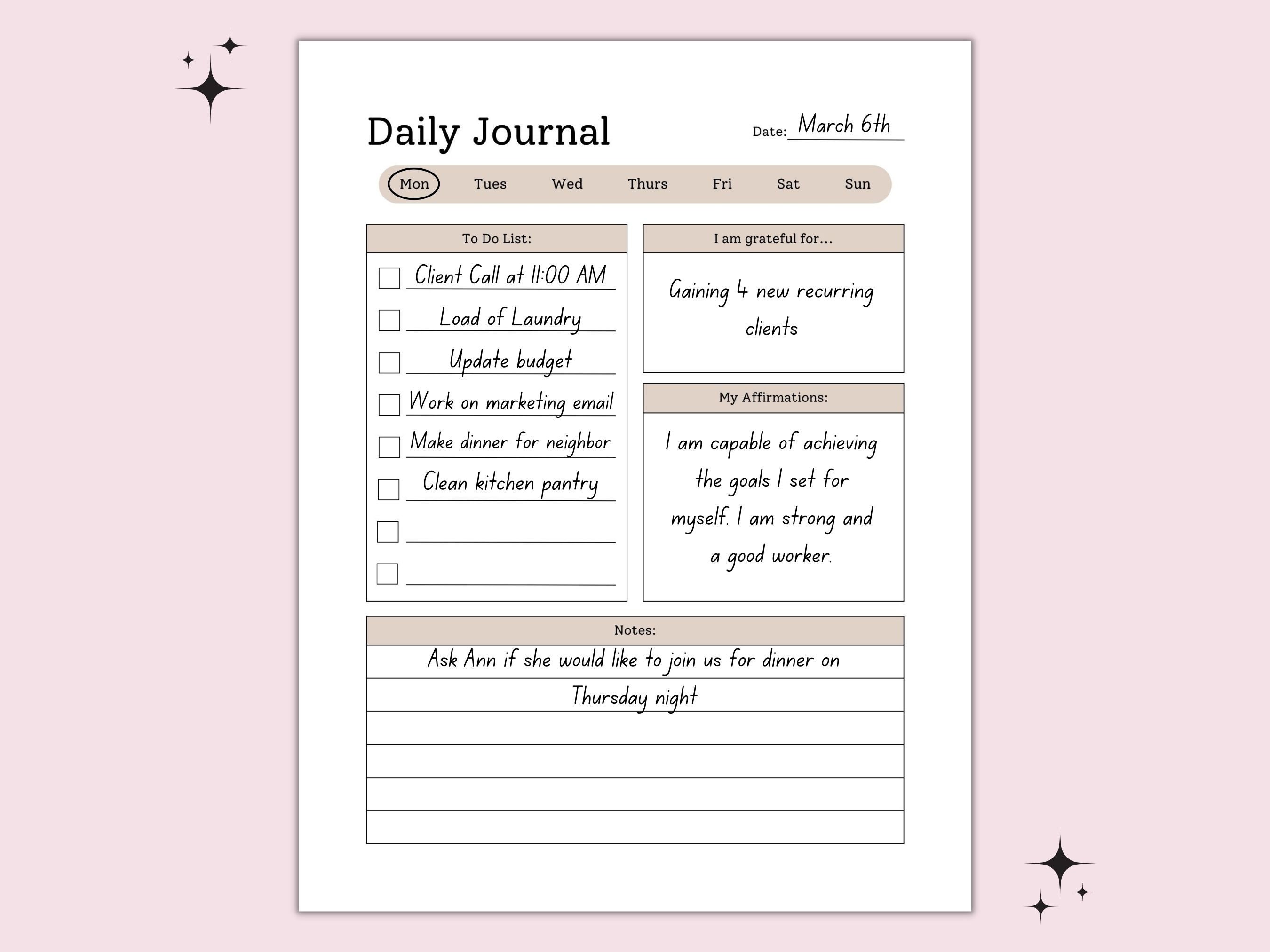 Daily Journal Printable, Daily Journal Template, Daily Planner, to Do ...