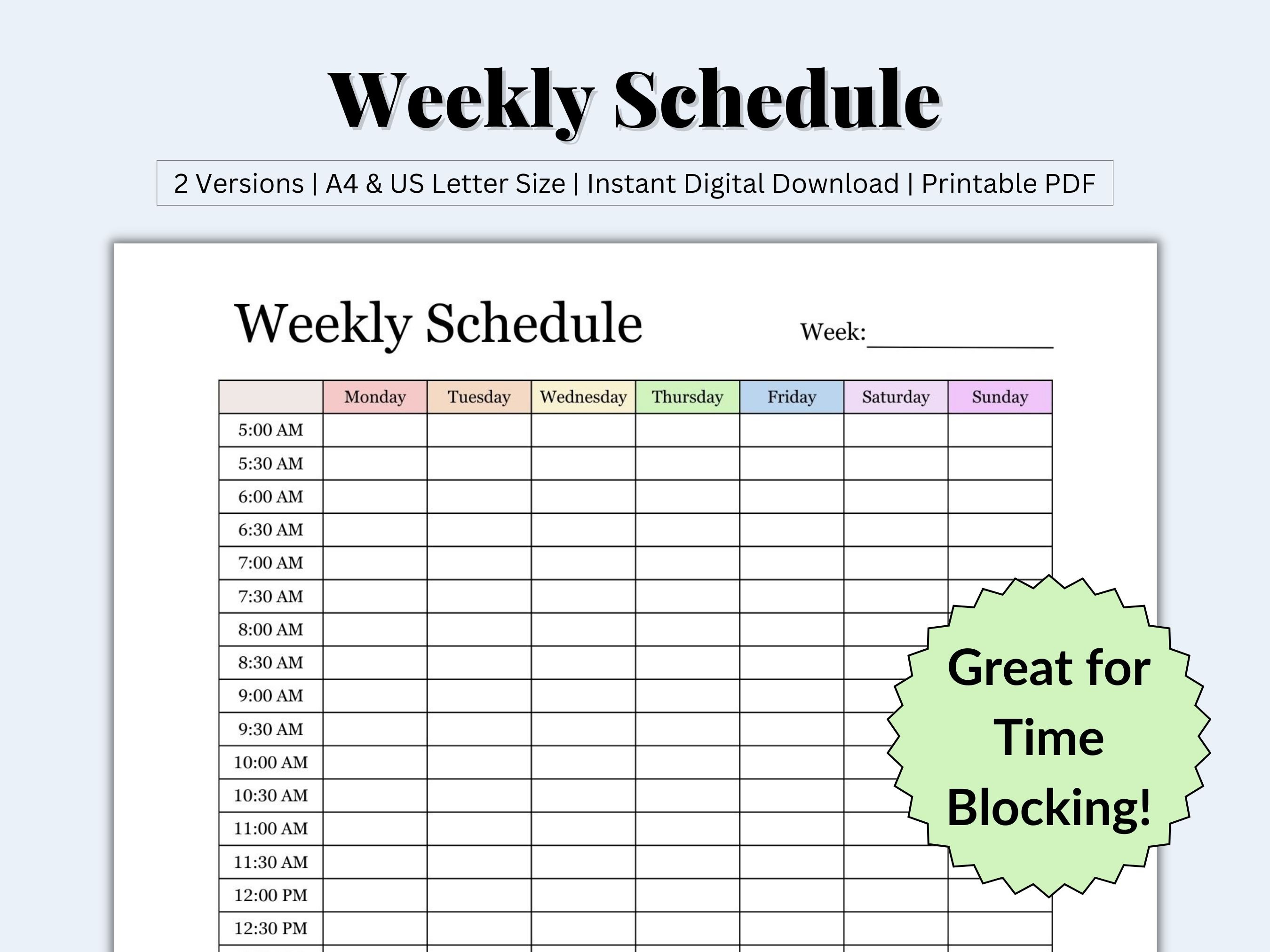 Half Hour Weekly Planner, Days of the Week, Hour by Hour Planner, 24 ...