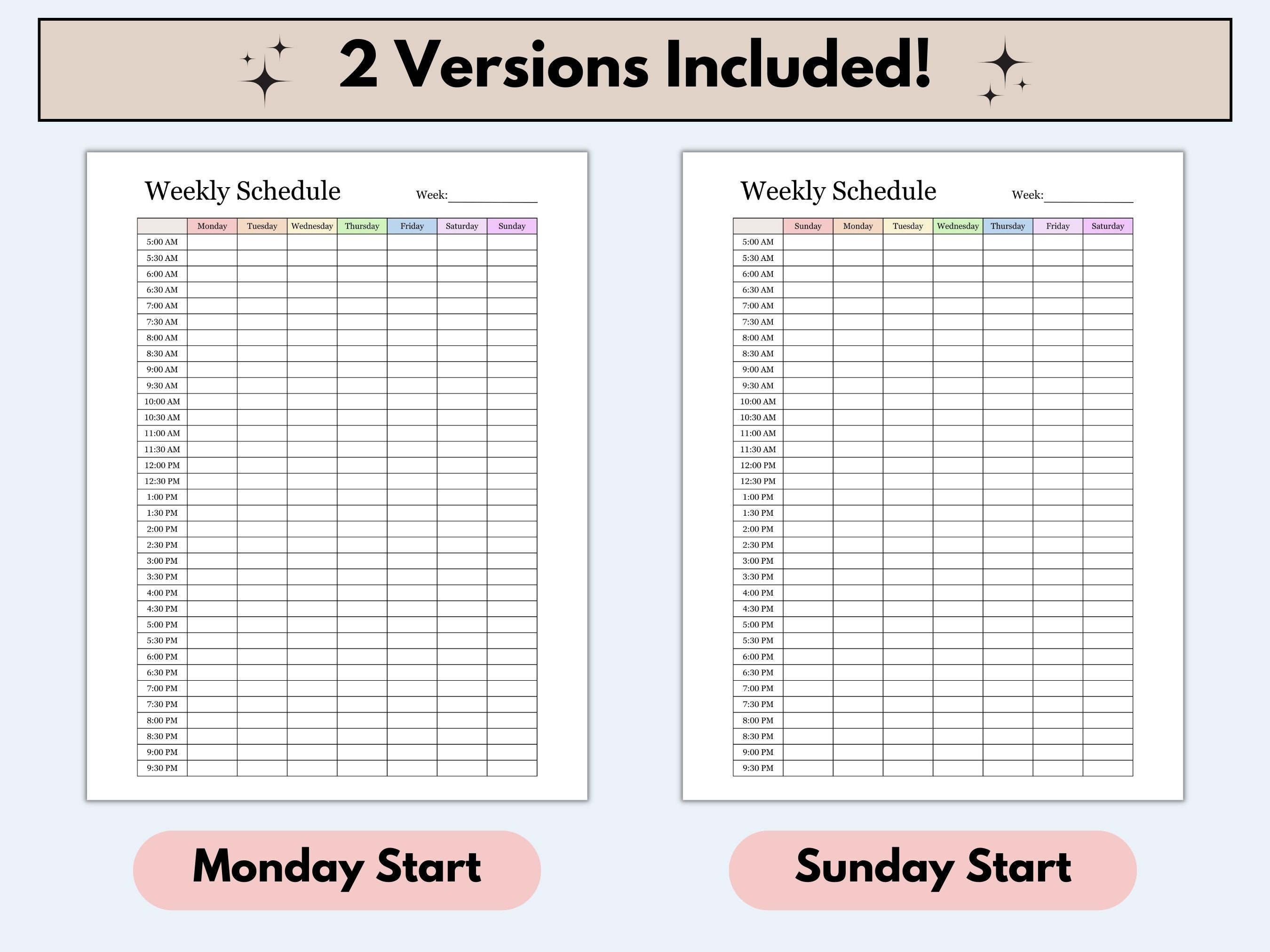 Half Hour Weekly Planner, Days of the Week, Hour by Hour Planner, 24 ...