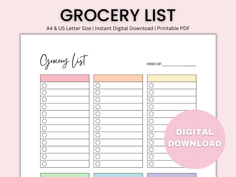 Grocery List, Grocery List Template, Printable Grocery List, Food ...