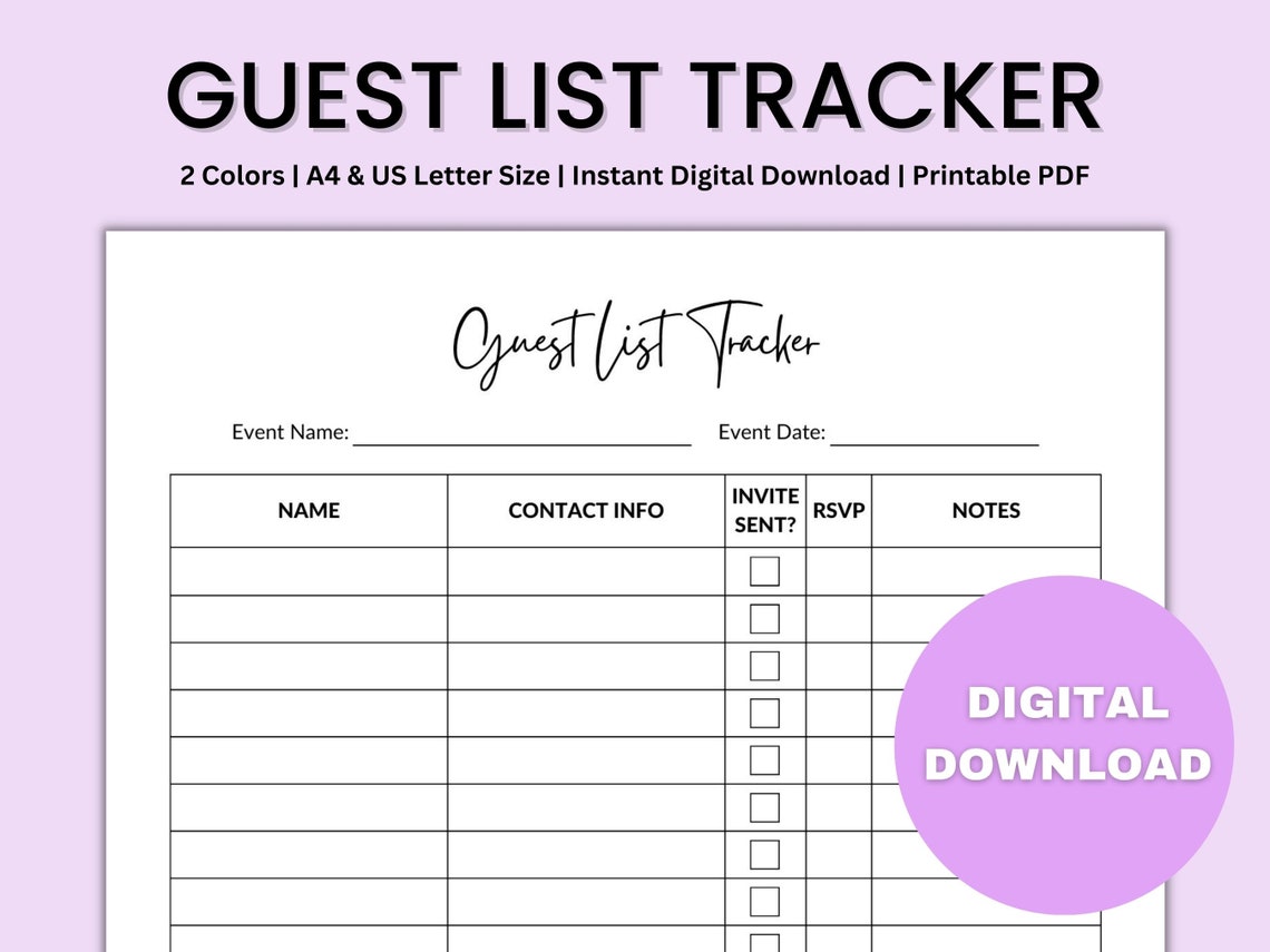 Guest List Tracker, Printable Guest List Template, Wedding Guest List ...