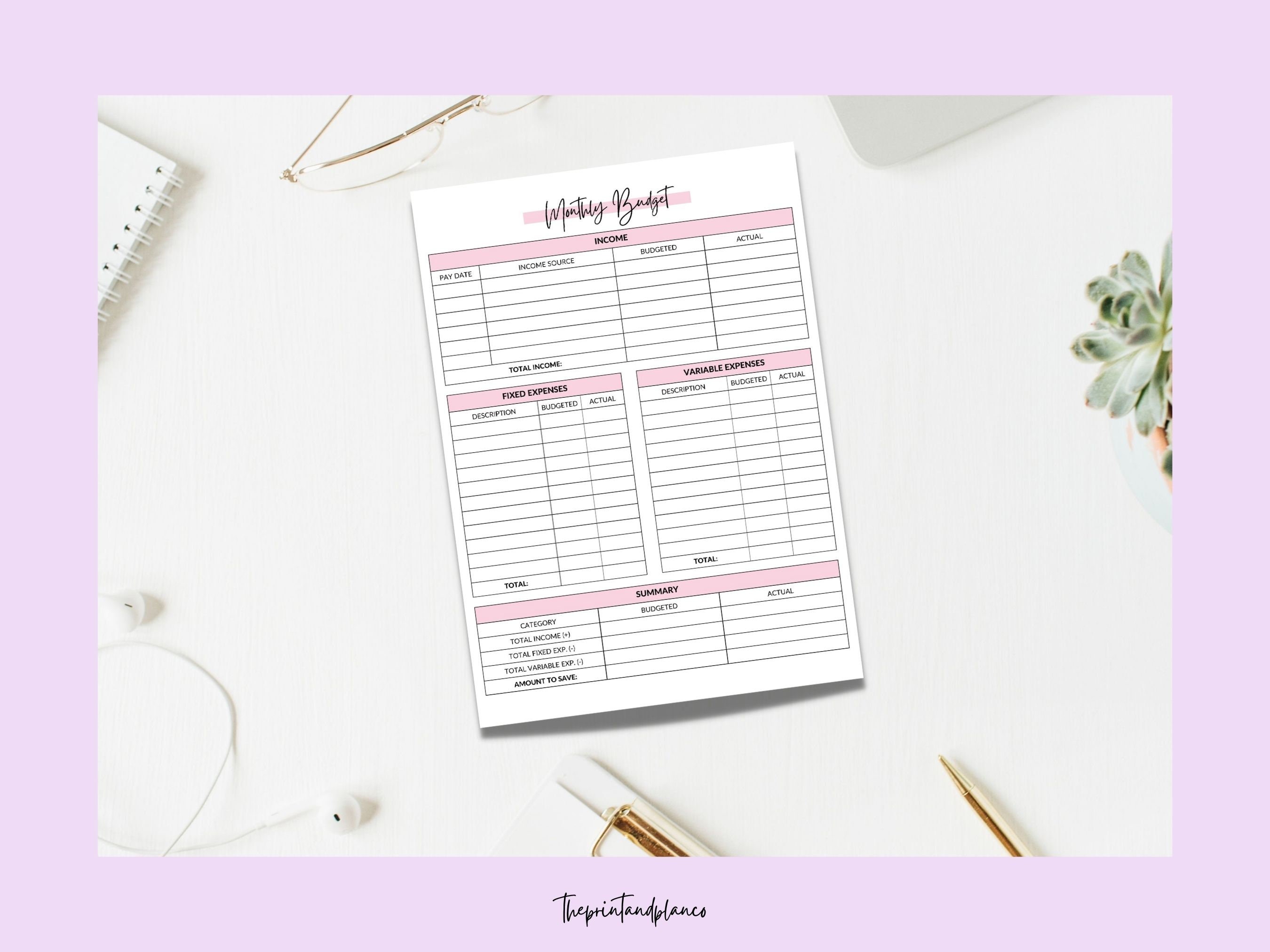Monthly Budget Printable, Financial Planner, Savings, Expenses ...