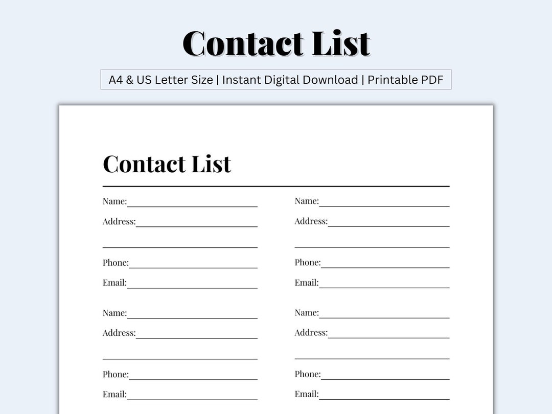 Contact List Printable, Contact Information Template, Address Book ...