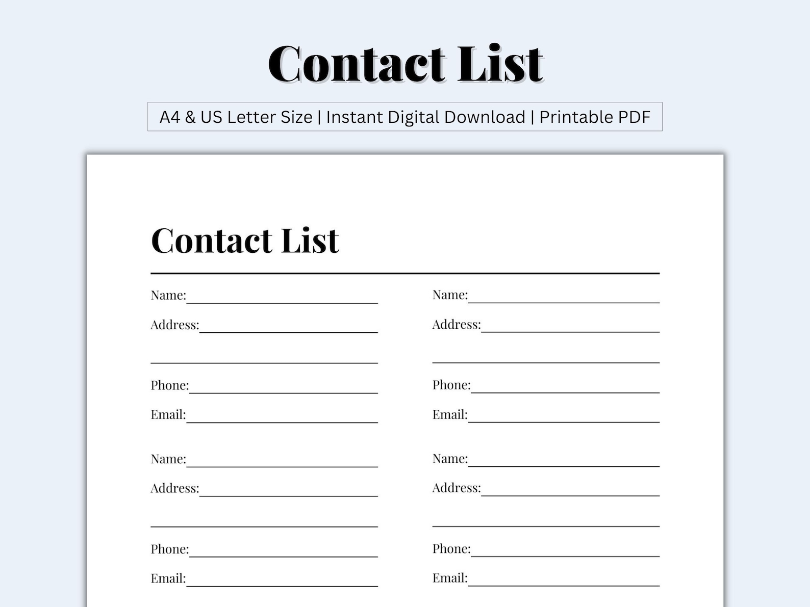 Contact List Printable, Contact Information Template, Address Book ...