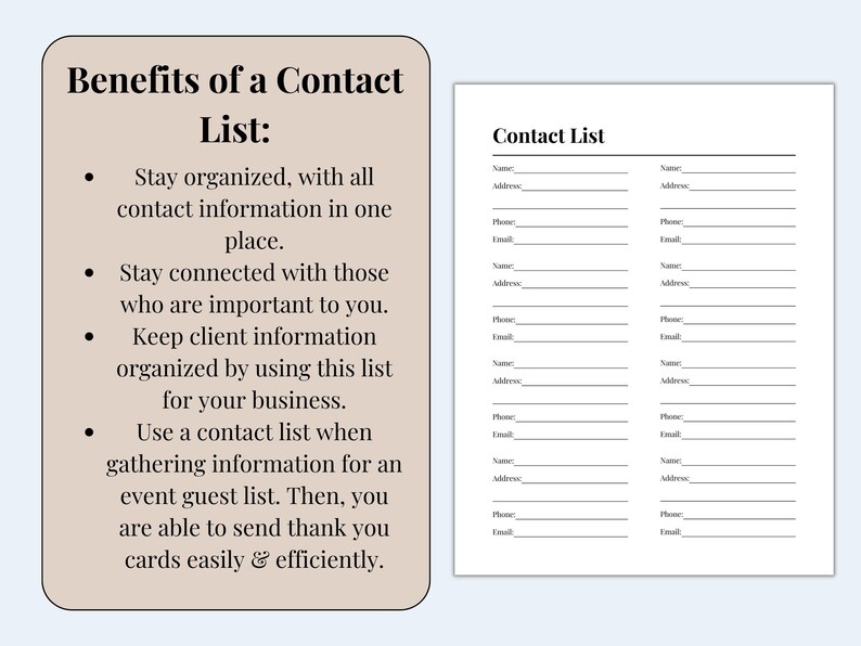 Contact List Printable, Contact Information Template, Address Book ...