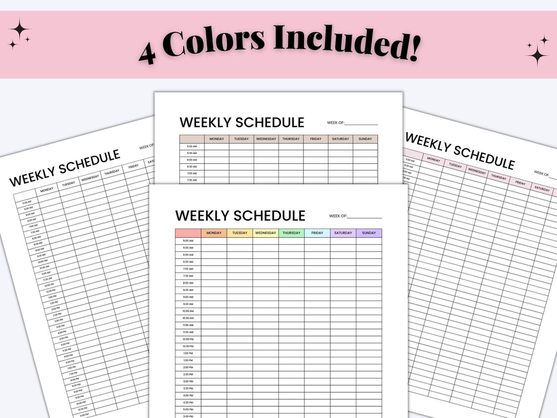 Weekly Schedule, Half Hour Weekly Planner, Hour by Hour Planner, Block ...