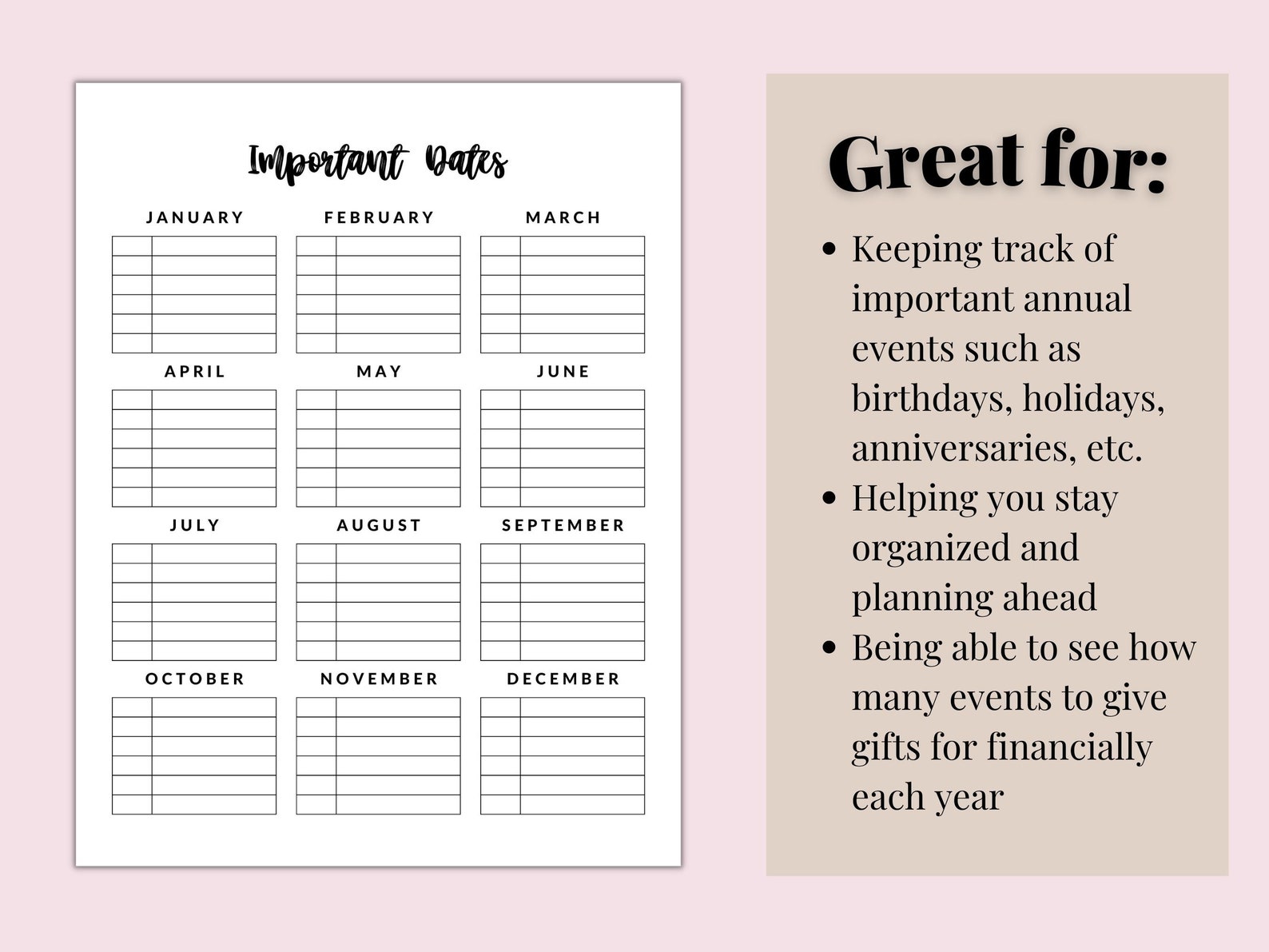 Important Dates Printable, Important Dates Tracker, Monthly Planner ...