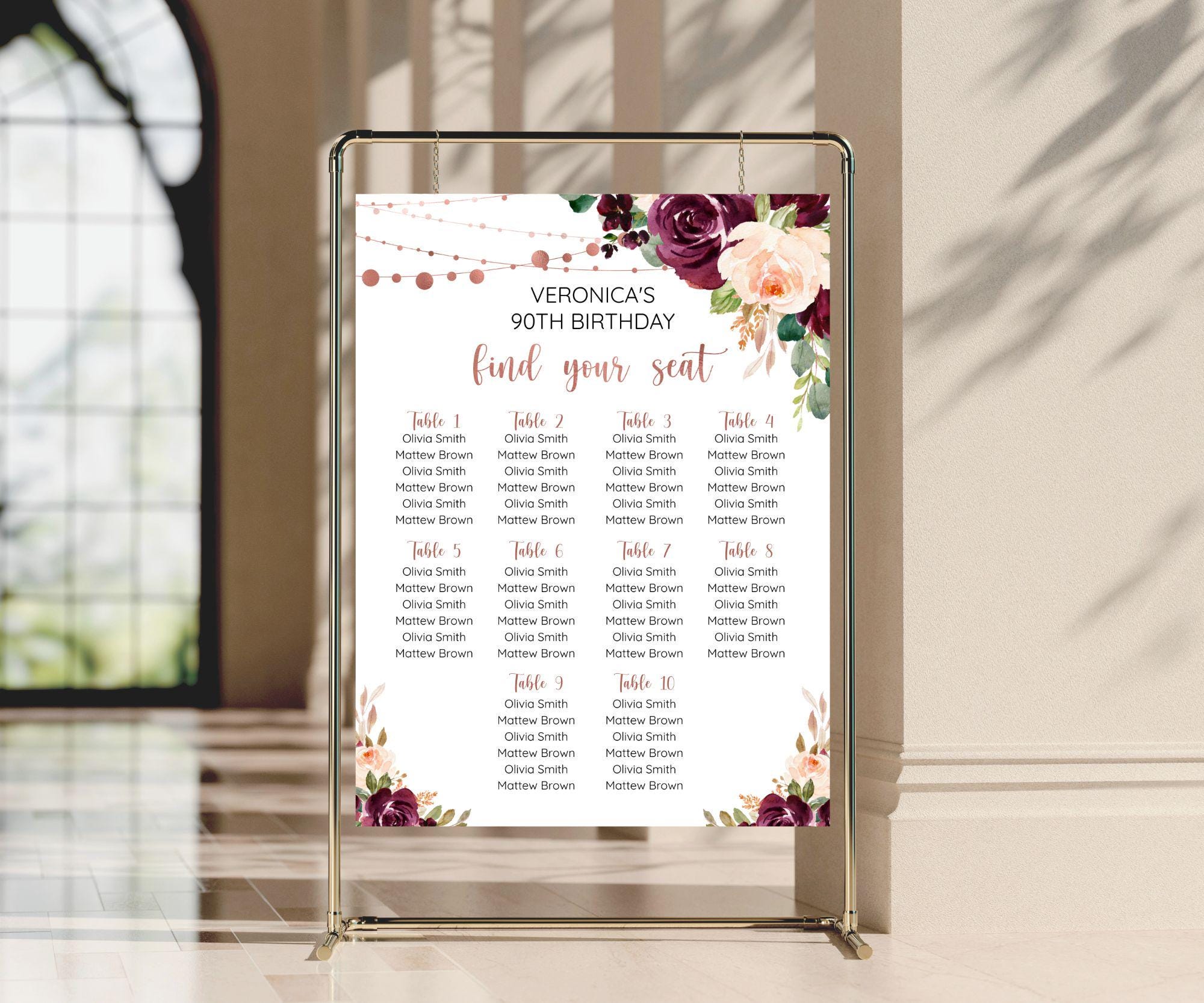 Editable Birthday Seating Chart Sign Template, Burgundy Floral ...