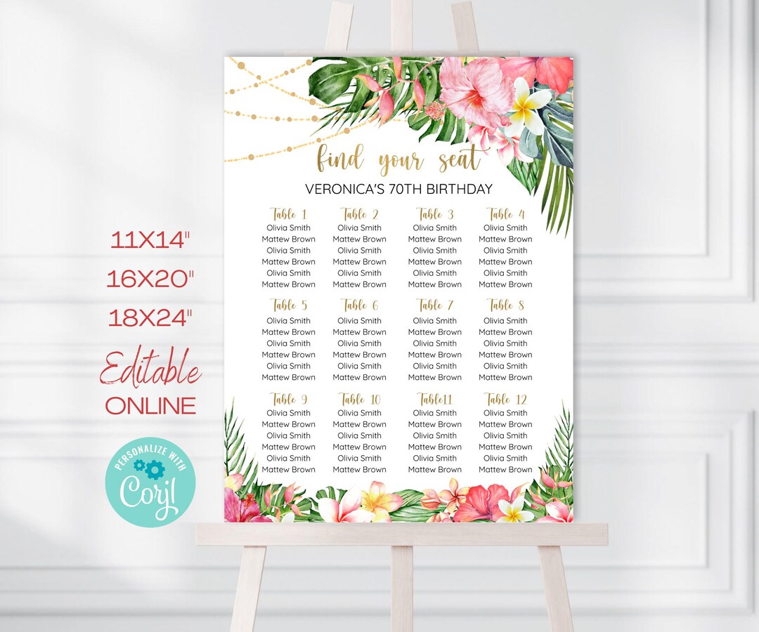 Editable Hawaiian Theme Birthday Seating Chart Template, Luau Birthday ...