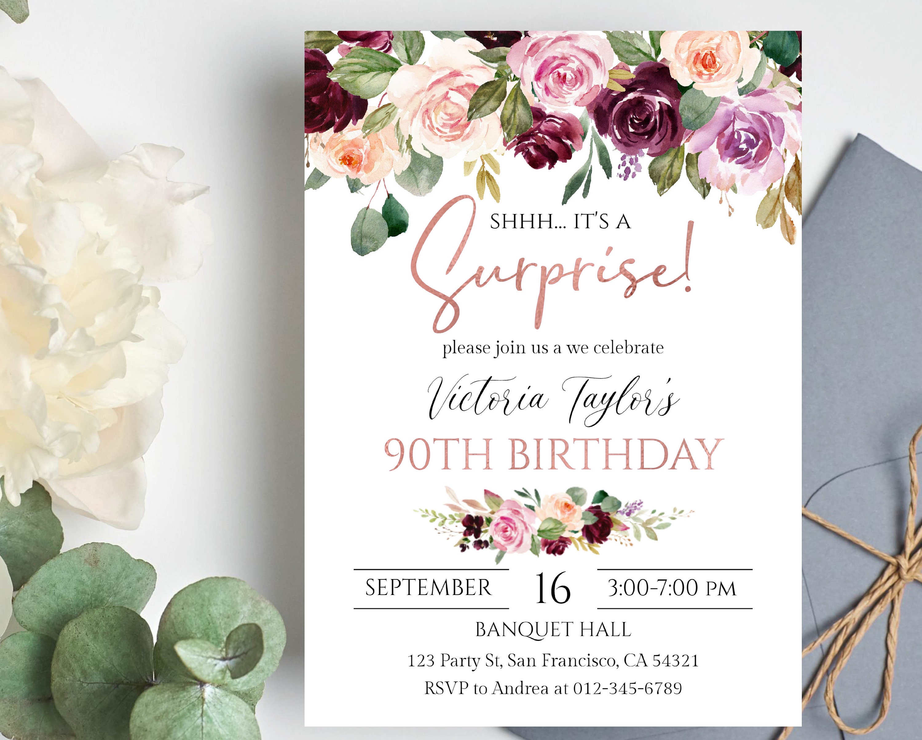 Surprise Birthday Invitation for Women, Rose Gold Burgundy Floral 90th ...