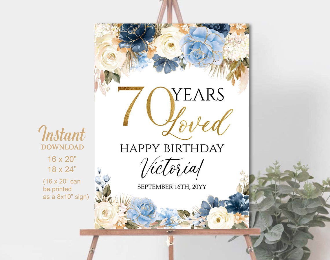 70 Years Loved Birthday Party Welcome Sign, Dusty Blue Floral Birthday ...