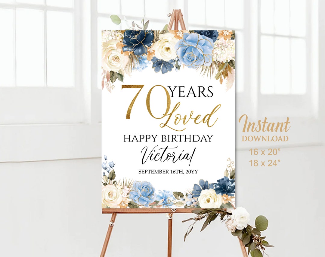 70 Years Loved Birthday Party Welcome Sign, Dusty Blue Floral Birthday ...