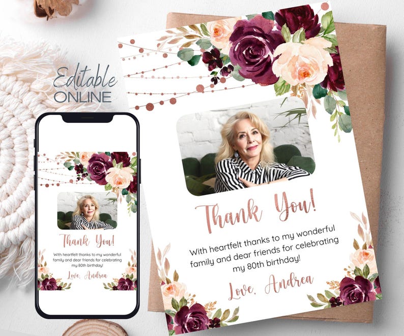 Editable Birthday Thank You Card With Photo, Any Age Rose Gold Floral ...