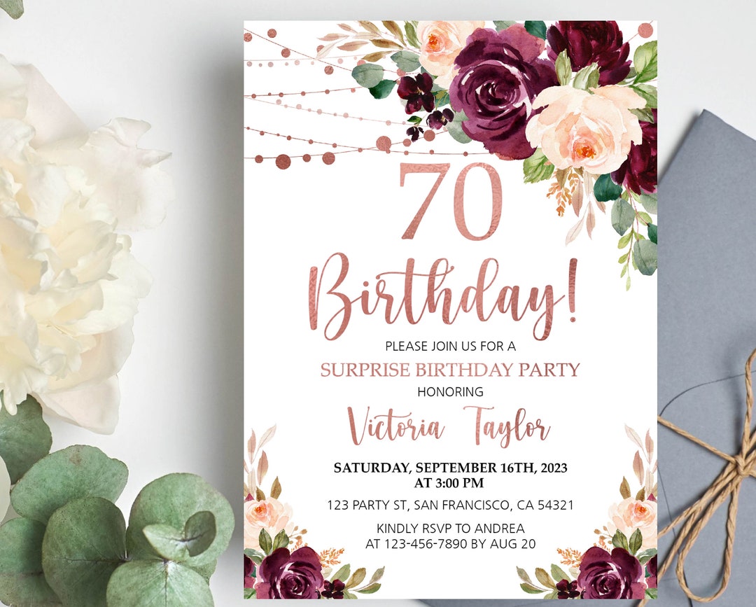 Editable 70th Birthday Invitation for Women, Floral Surprise Birthday ...