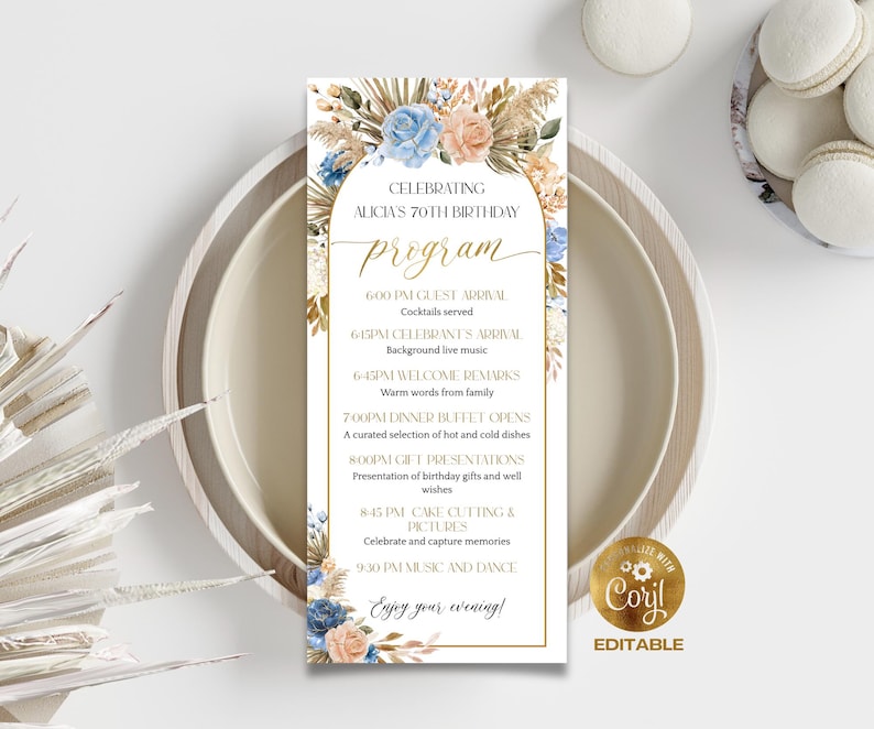 Editable Birthday Program Card Template, Dinner Party Itinerary Agenda ...