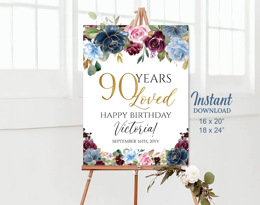 90 Years Loved Birthday Party Welcome Sign, Blue Floral Birthday Party ...
